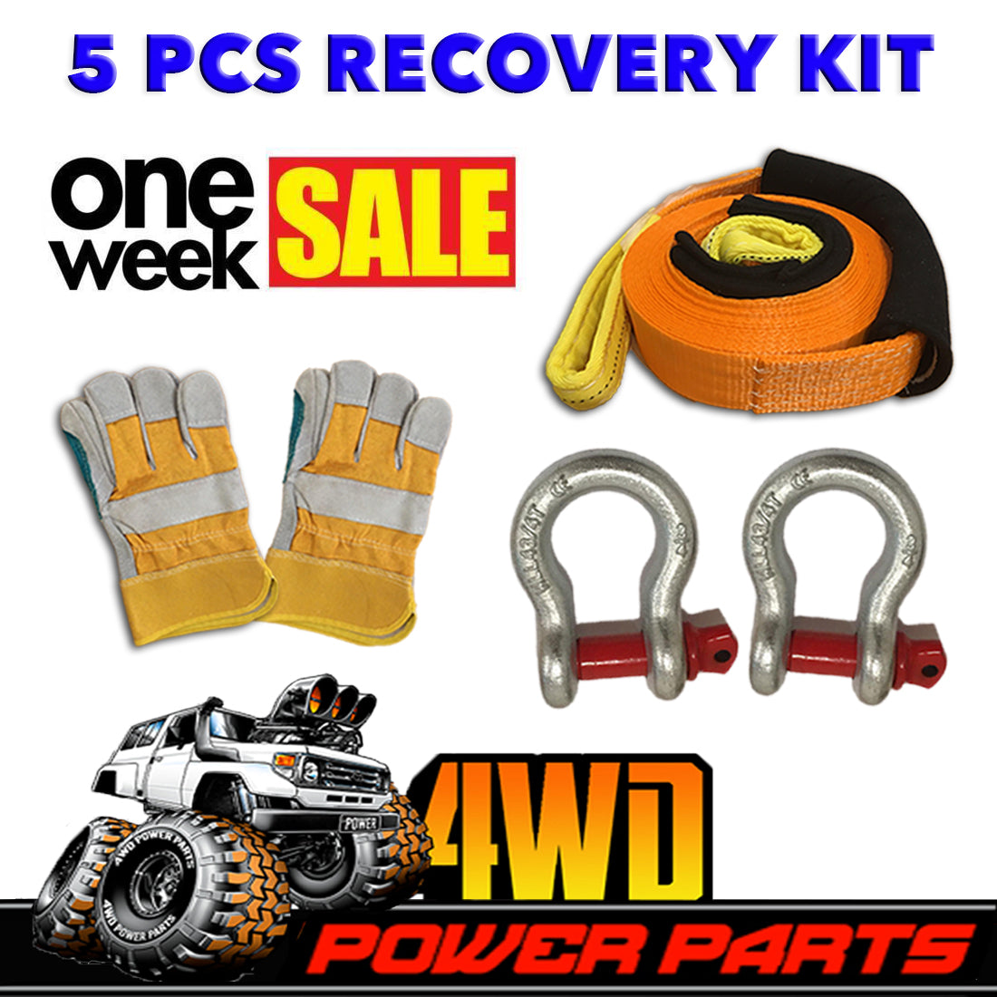 5 Piece Winch Recovery Kit Snatch Strap Bow Shackles Gloves 4WD Off Ro ...